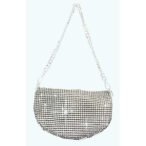 Zzfab Mesh Bing Fanny Crossbody Bags Rhinestone Clutches bling Evening Purse for Wedding and Prom Silver