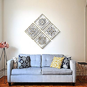 Kas Home Mandala Pattern Room Decor Boho Canvas Wall Art Prints Framed Pictures 4 Pieces Artwork for Living Room Bedroom Bathroom Kitchen Office Home Decoration (14 x 14 x 4, Black)