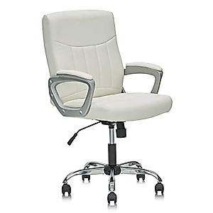 CLATINA Leather Office Executive Chair, Mid Back Computer Desk Chair with Lumbar Support and Padded Armrests, Ergonomic Adjustable Swivel Chair for Home, White