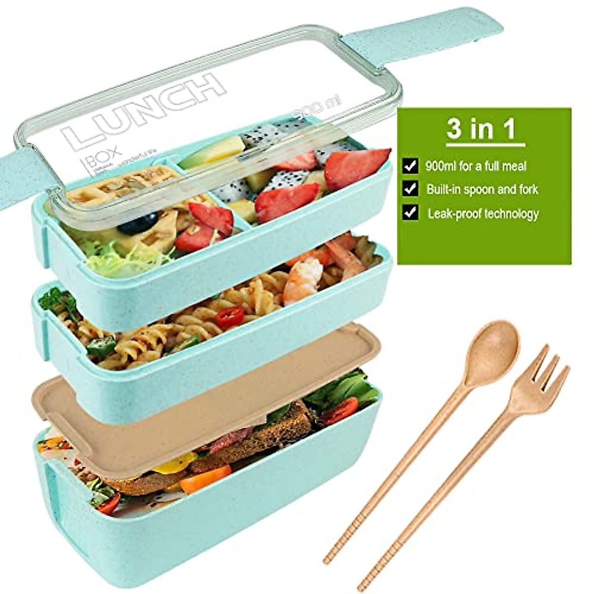 Bento Box Lunch Box, Iteryn 3-In-1 Compartment Containers - Wheat Straw, Leakproof Eco-Friendly Stackable Bento Lunch Box Meal Prep