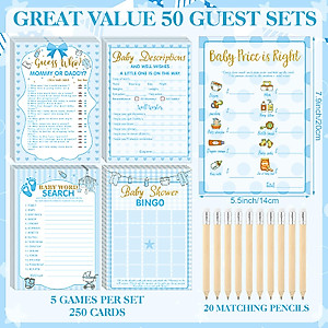 Patelai 321 Pcs Baby Shower Games Supplies, 5 Sets (50 Cards Each) Activities Cards with 20 Pencils 1 Don't Say Baby Sign 50 Clothespin(Boy)