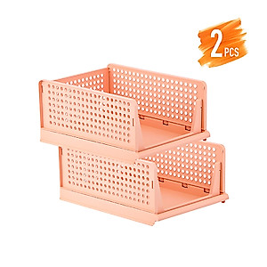 CYOIDAI Gywinovo souG 2 Pack (17x 13.2 x 7.3 inch) Stackable Plastic Storage Basket-Foldable Closet Organizers Storage Bins, Perfect for Kitchen, Office, Bedroom & Bathrooms(Pink)