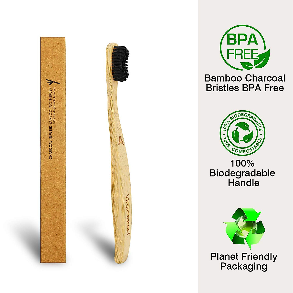 Virgin Forest Bamboo Toothbrush, Natural Eco Friendly Biodegradable Charcoal Tooth Brushes, Pack of 6