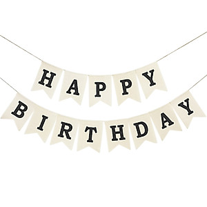 Burlap Happy Birthday Banner, Assembled Reusable Black Happy Birthday Sign for Rustic Birthday Party Decorations