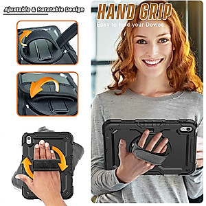 Herize iPad 10th Generation Rugged Protective Case 10.9 Inch with Screen Protector Pen Holder, Handle Shoulder Strap | iPad 10 Case A2757/A2777| Heavy Duty Shockproof | Black