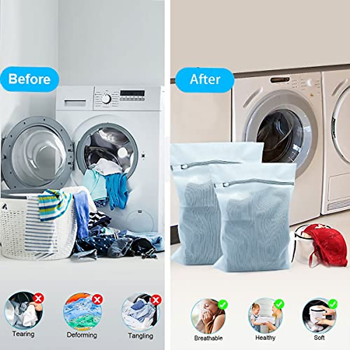 6 Pack Mesh Laundry Bags, Delicate Wash Bags for Washing Machine, Reusable Travel Organization Bag for Lingerie, Socks, Sleepwear, 3 Large, 3 Medium