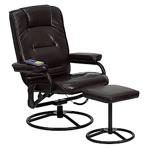 Flash Furniture Whitney Massaging Multi-Position Recliner and Ottoman with Metal Bases in Brown LeatherSoft