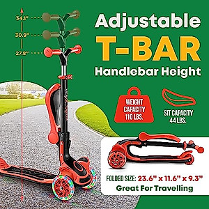 Kids Scooter – Foldable Seat – LED Wheel Lights Illuminate When Rolling – Children and Toddler 3 Wheel Kick Scooter – Adjustable Handlebar – Indoor and Outdoor- Red - by Lifemaster