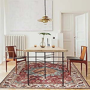 ReaLife Machine Washable Rug - Stain Resistant, Non-Shed - Eco-Friendly, Non-Slip, Family & Pet Friendly - Premium Recycled Fibers - Distressed Vintage Medallion - Brick Red, Blue, Beige, 3' x 5'