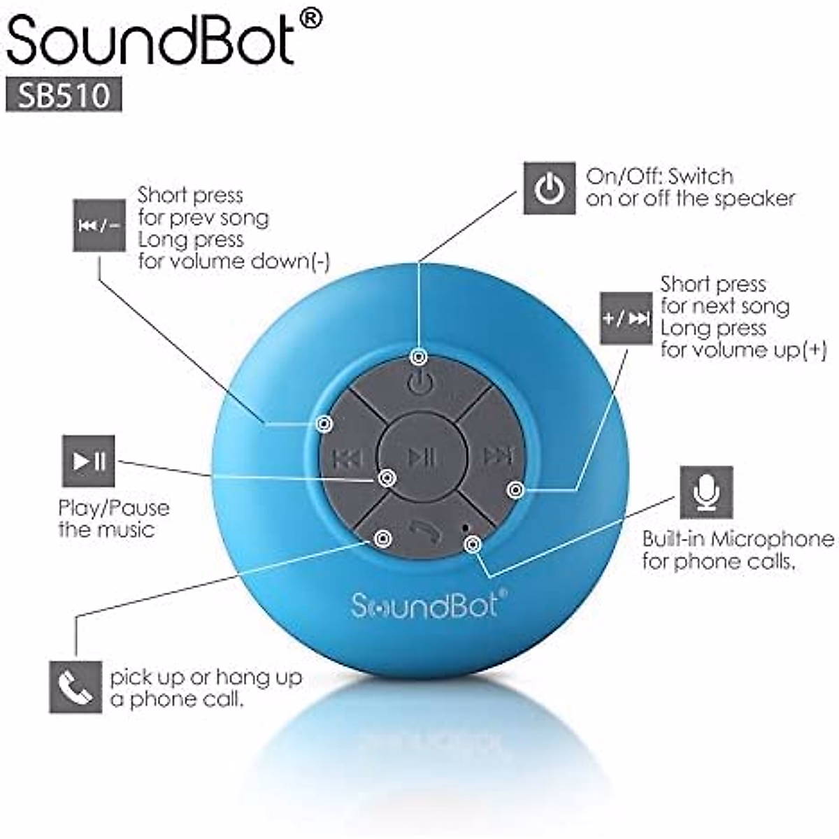 Soundbot SB510 Bluetooth Shower Speaker HD Water Resistant Bathroom Speakers, Handsfree Portable Speakerphone with Built-in Mic, 6hrs of Playtime, Control Buttons and Dedicated Suction Cup (Blue)