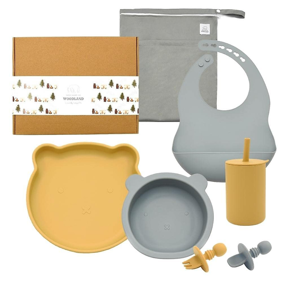 Baby Feeding Set with Reusable Wet Bag in Gift Box, Silicone Baby Led Weaning Supplies, Suction Baby Plate and Bowl Set, Food Grade Bib, Spoon, Fork, Sippy Cup, Bowl and Plate - 100% BPA Free!