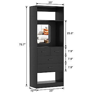 Unikito Closet System with Drawer, 25 Inch Freestanding Closet Organizer with Storage Shelves and Mirror, Sturdy Walk in Closet Tower for Bedroom, Mudroom and Entryway, 25" W x 16" D x 80" H, Black