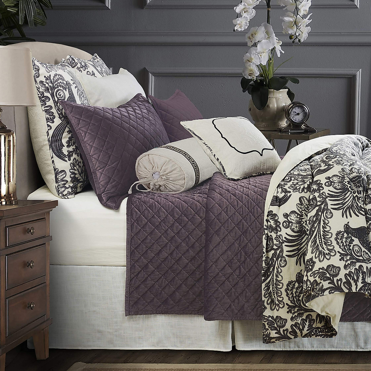 HiEnd Accents French Country Bedding Augusta Toile 7 Piece Duvet Cover Set with Duvet Cover, 2 Pillow Shams, 3 Euro Shams, 1 Decorative Pillow, Super Queen Size, Amethyst French Toile Bedding