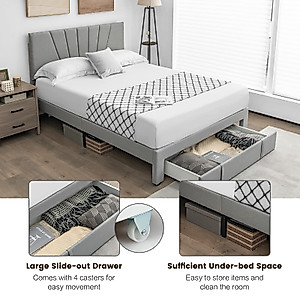 Giantex Upholstered Queen Bed Frame with Drawer, Modern Platform Bed with Storage & Adjustable Headboard, Wooden Slat Support Mattress Foundation, No Box Spring Needed, Noise Free
