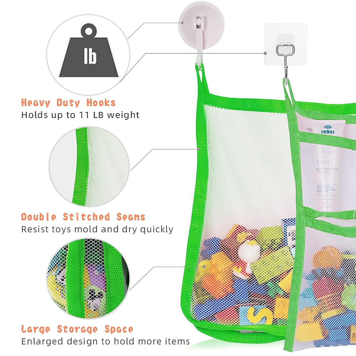 Bath Toy Organizer, SUNDOKI Toy Holder Storage Bags 2 Bath Toy Nets with and 8 Hooks for Kids, Toddlers and Adults (Green)