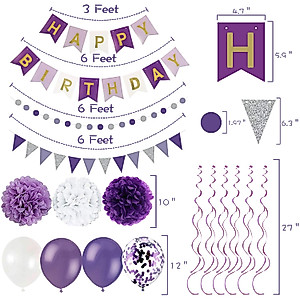 Purple White Birthday Decorations Party Supplies for Women Girls with Happy Birthday Banner,Tissue Paper Pom Poms, Triangular Pennants, Latex Confetti Balloons- Purple, Lavender and White