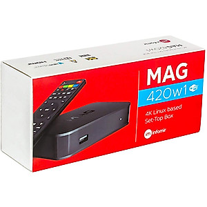 MAG 420w1 4K and HEVC Support, 512 MB RAM, 512 MB NAND, USB × 2 pcs. (3.0, 2.0), Built-in Wi-Fi, Linux OS, HDMI and RCA outputs