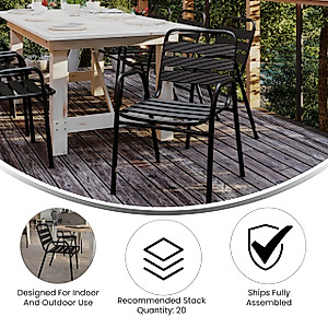 EMMA + OLIVER Jens Stacking Metal Dining Chair - Indoor/Outdoor Dining Chair with Triple Slat Back and Armrests - Dry Assist Slats - Black