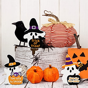 4 Pieces Halloween Ghost Decor Wooden Ghost Theme Table Centerpieces Cute Ghost Decor Trick or Treat Candy Sign Blocks for Home Shelf Party
