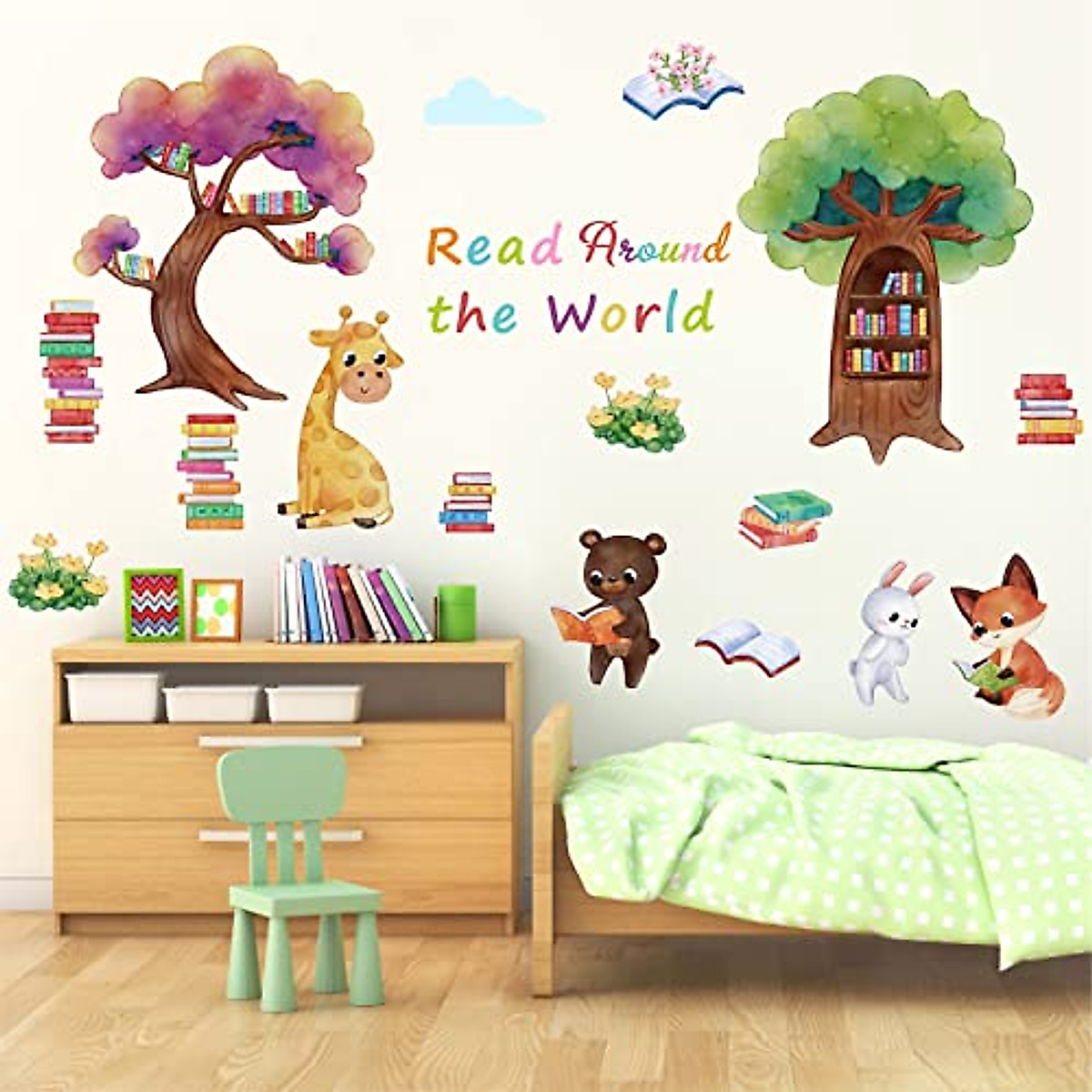 Colorful Inspirational Wall Decals,Reading Animals Wall Stickers Nursery Decor,Cartoon Tree Animal Wall Stickers Peel and Stick,Reading Wall Decal Baby Classroom Kids Room Bedroom Reading Corner Decor