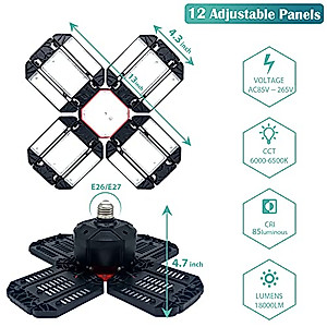 Garage Lights Ceiling Led 12 Panel Plug in Shop Lights 2 Pack Screw in LED Garage Light 180W Bright Garage Light 18000 LM 6500K Deformable Garage Lighting Fixture for Garage Basement Workshop