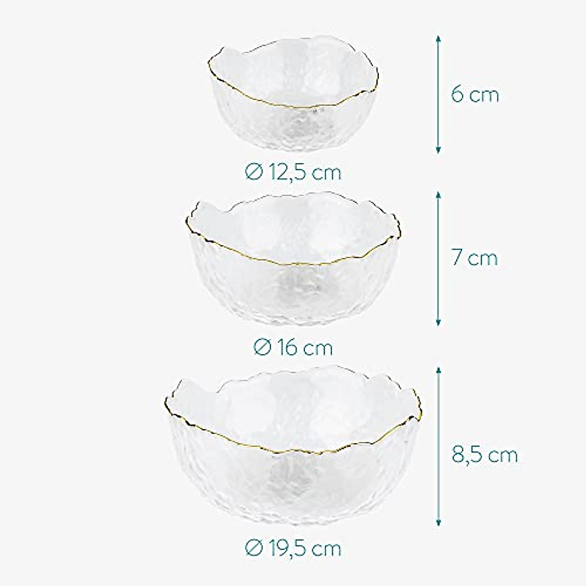 Navaris Glass Serving Bowls - Set of 3 Gold Edge Tempered Glass Dessert Bowl Dishes for Ice Cream, Jelly, Fruit, Hot, Cold Food- Small, Medium, Large
