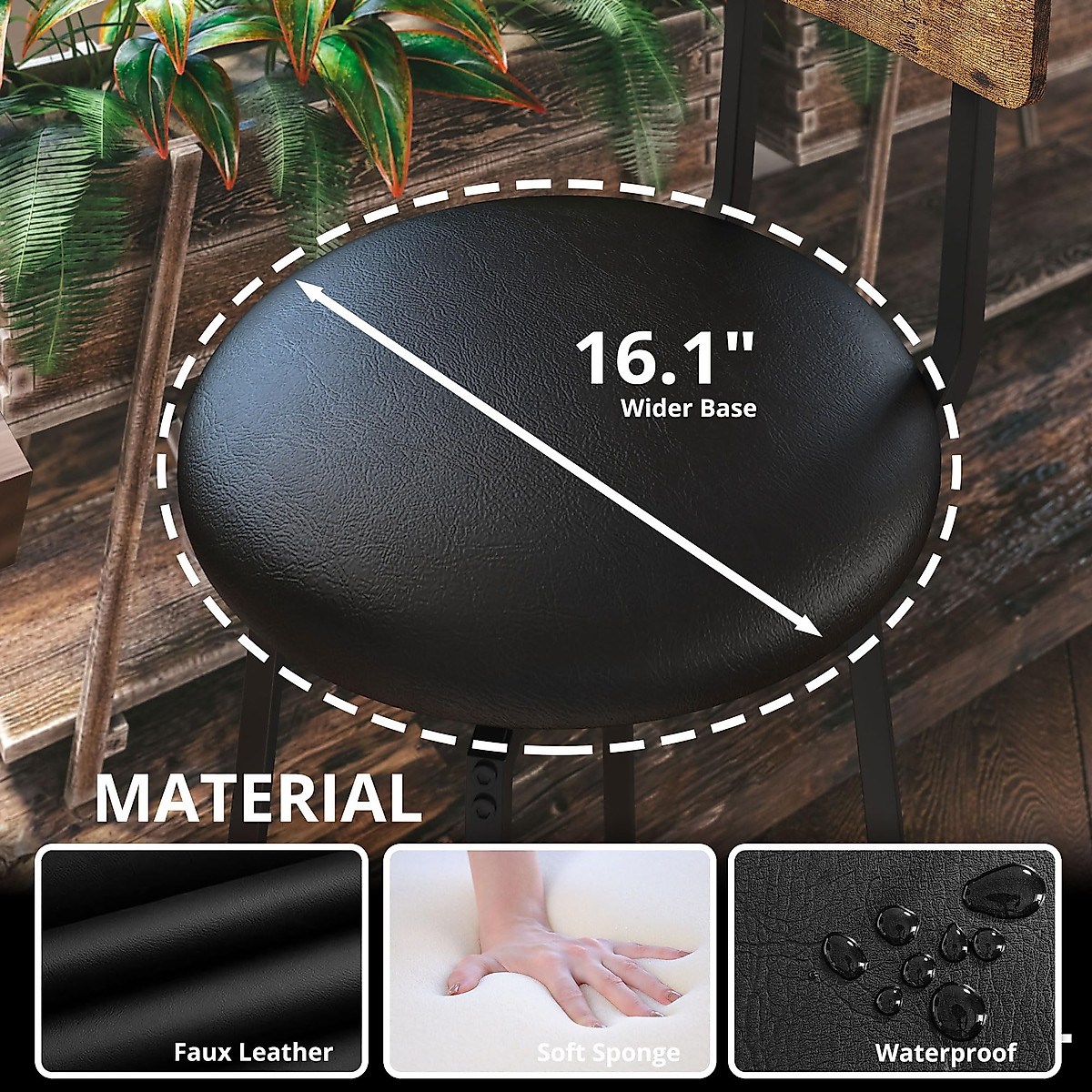 IRONCK Bar Stools Set of 2, Wider Base PU Upholstered Swivel Barstools for Kitchen Island, Thick Cushion Stools with Footrest for Dining Room Kitchen Counter Bar, Rustic Brown and Black