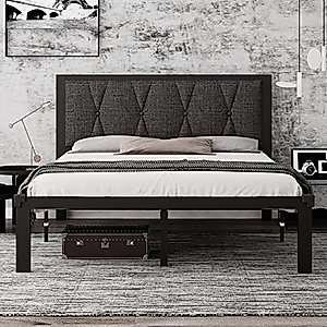 iPormis Full Metal Platform Bed Frame with Upholstered Headboard, Upgraded Heavy Duty Bed Frame with Steel Slats Support/12 Under Bed Storage, Noise Free, No Box Spring Needed, Dark Gray