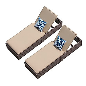 Verano Garden Outdoor Chaise Lounge, Patio Pool Lounge Chairs for Outside, Wicker Rattan Reclining Folding Pool Lounger with Adjustable Backrest and Removable Cushions, Beige(Set of 2)