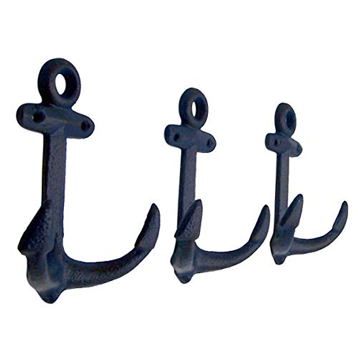 Wowser Nautical Cast Iron Ship Anchor Wall Hooks, 6 Inches, Set of 3 (Blue)