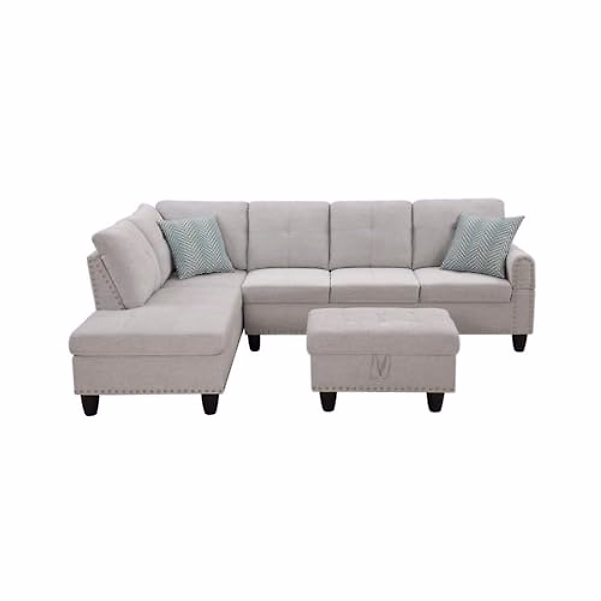 Devion Furniture Polyester Fabric Sectional Sofa with Lift-top Storage Ottoman, Tufted Design, in Light Gray Finish
