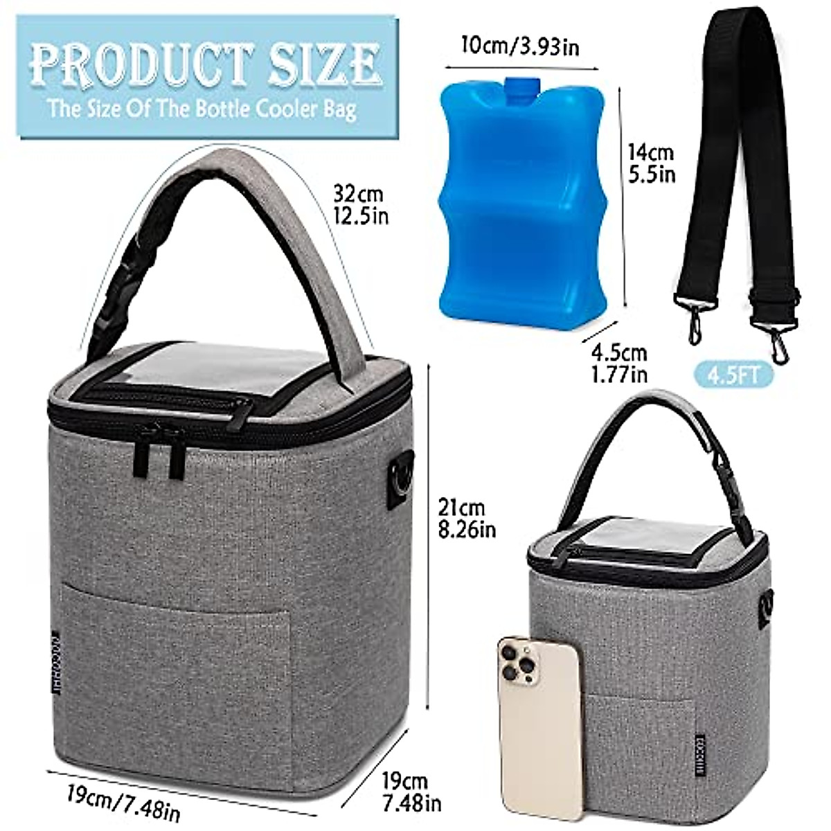 Breast Milk Cooler Bag with Ice Pack Reusable Storage Bags, Fit 4 Baby Bottles, Insulated Baby Bottle Cooler Bag Suitable for Nursing Mom Daycare, Waterproof with Zipper Pocket, Grey