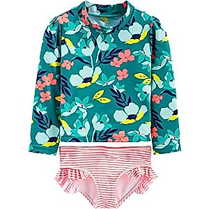 Simple Joys by Carter's Girls' 2-Piece Assorted Rashguard Sets, Green Floral/Pink Stripe, 18 Months