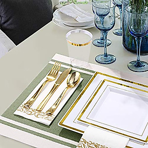FOCUSLINE 350 Piece Square Dinnerware Set-50 Gold Rim Dinner Plastic Plates-50Gold Rim Dessert Plates-50 Gold Plastic Cups-50 Linen Like Gold Paper Napkins, 50 Guest Disposable Gold Dinnerware Set
