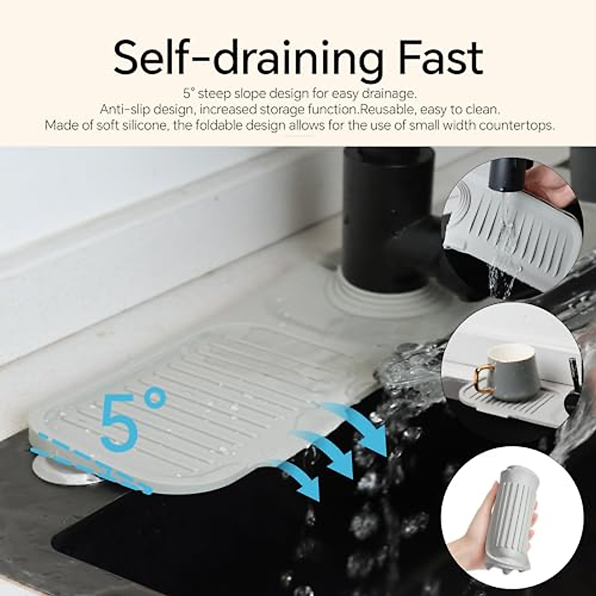 17"X5.9" Gray Kitchen Faucet Splash Guard - 3 in 1 Splash Guard with 5° Ramp - Protects Sinks from Splashing, Ideal for Kitchens, Bathrooms and RVs