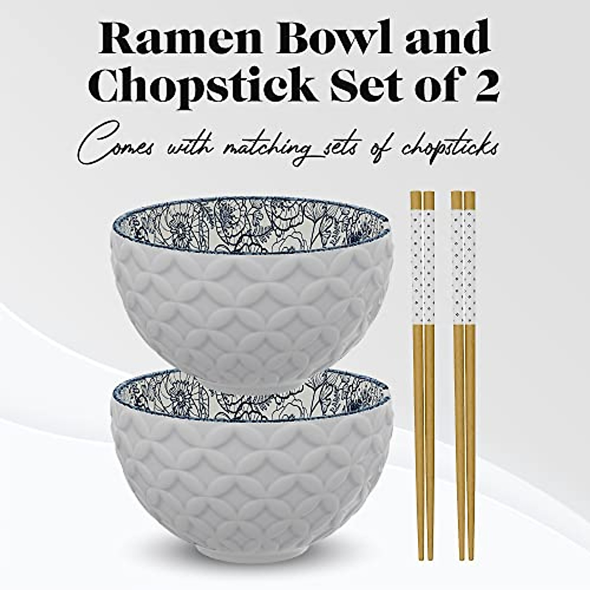 American Atelier Ramen Bowl with Chopsticks | Set of 2 | Soup Bowls for Kitchen | Udon Noodle Bowls with Chopsticks | Stoneware Soup Bowl | 6" Diameter (21 Oz) - Blue Floral Print