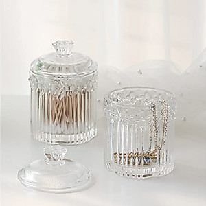 rejomiik 2 Pack Qtip Holder Glass Apothecary Jars with Lids Bathroom Accessories Vanity Organizers and Makeup Storage Canister for Cotton Ball, Cotton Swab, Floss, Candy, Clear