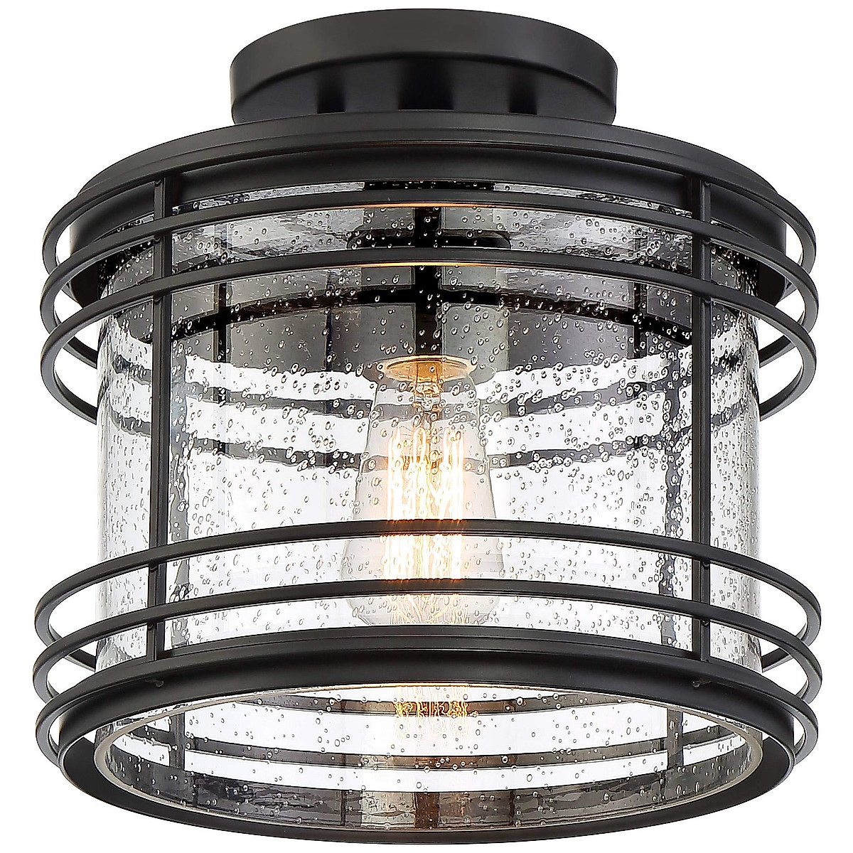 Possini Euro Design Mackie Modern Outdoor Semi Flush-Mount Ceiling Light Fixture Black Geometric 11" Clear Seedy Glass for Exterior House Porch Patio Outside Deck Garage Front Door Garden Home