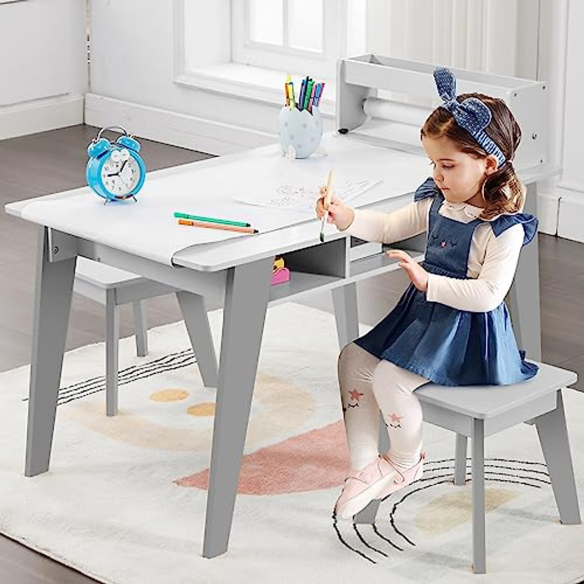 Kids Art Table, 2-In-1 Kids Craft Table and Art Table and Chair Set w/ 2 Stools and 3 Storage Drawers, Wooden Drawing and Painting Art Easel Set, Toddler Activity Table, Kids Arts and Crafts Ages 3-12