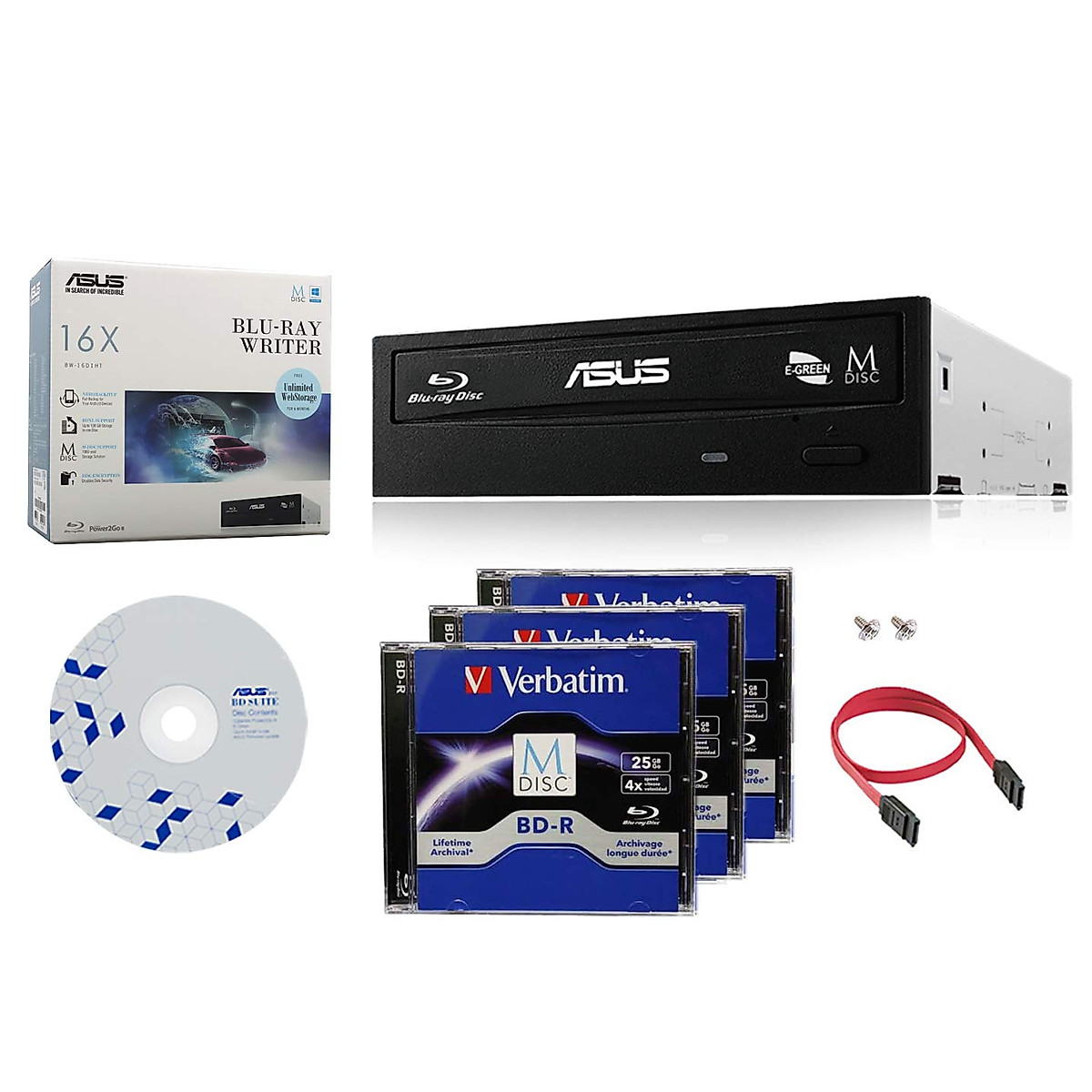 ASUS 16x BW-16D1HT Internal Blu-ray Burner Drive Bundle with 3 Pack M-DISC BD and Cable Accessories (Supports BDXL and M-DISC, Retail Box)