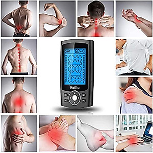 Belifu Dual Channel TENS EMS Unit 24 Modes Muscle Stimulator for Pain Relief Therapy, Electronic Pulse Massager Muscle Massager with 10 Pads, Dust-Proof Drawstring Storage Bag, Fastening Cable Ties