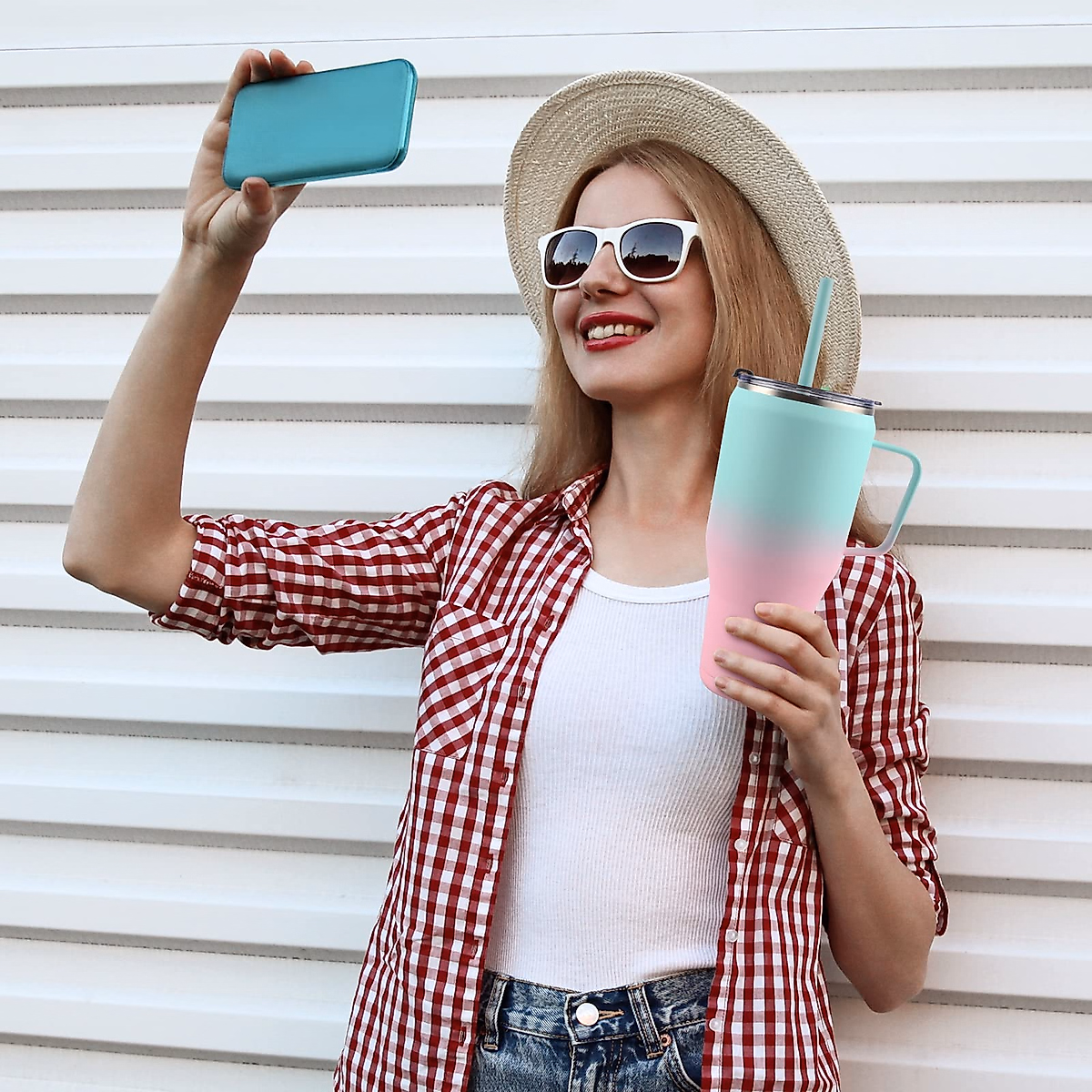 MUCHENGHY 40 oz Tumbler with Handle and Straw Lid, Leak Proof Double Vacuum Stainless Steel Tumblers Insulated Travel Coffee Mug with Lids Green Pink