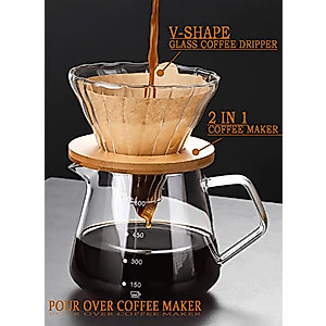 COFISUKI Pour Over Coffee Maker - 600ML Glass Carafe Coffee Server with Glass Coffee Dripper/Filter, Drip Coffee Maker Set for Home or Office, 1-4 Cups