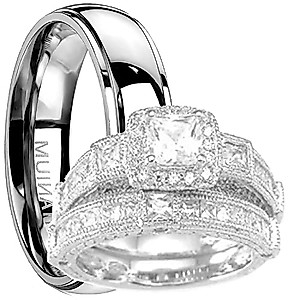 LaRaso & Co His and Hers Wedding Sets Silver Titanium 3 PCS Matching Band Rings Him Her 10/9