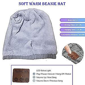 Bluetooth Beanie Hat Beanie Headset Wireless Music Hat Stereo Headphones Winter Cap Handsfree Call Earphone Knit Hat for Women Men Boy Girls Outdoor Sport Running Skiing Walking Cycling (Grey)