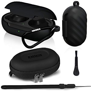 Galaxy Buds Plus 2020/Galaxy Buds 2019 Case, KMMIN Full-Body Shock Protective Samsung Buds Silicone Cover with 5-in-1 Accessories Storage Bag/Carabiner/Lanyard/Brush [Front LED Visible], Black