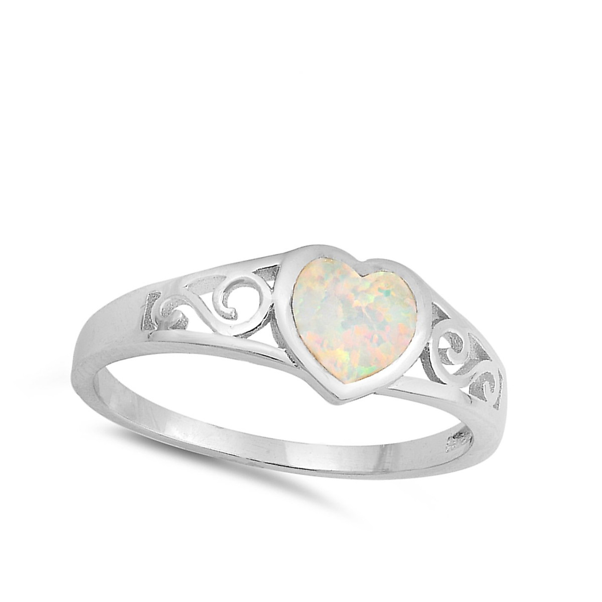 White Simulated Opal Filigree Heart Promise Ring .925 Sterling Silver Band Size 5
