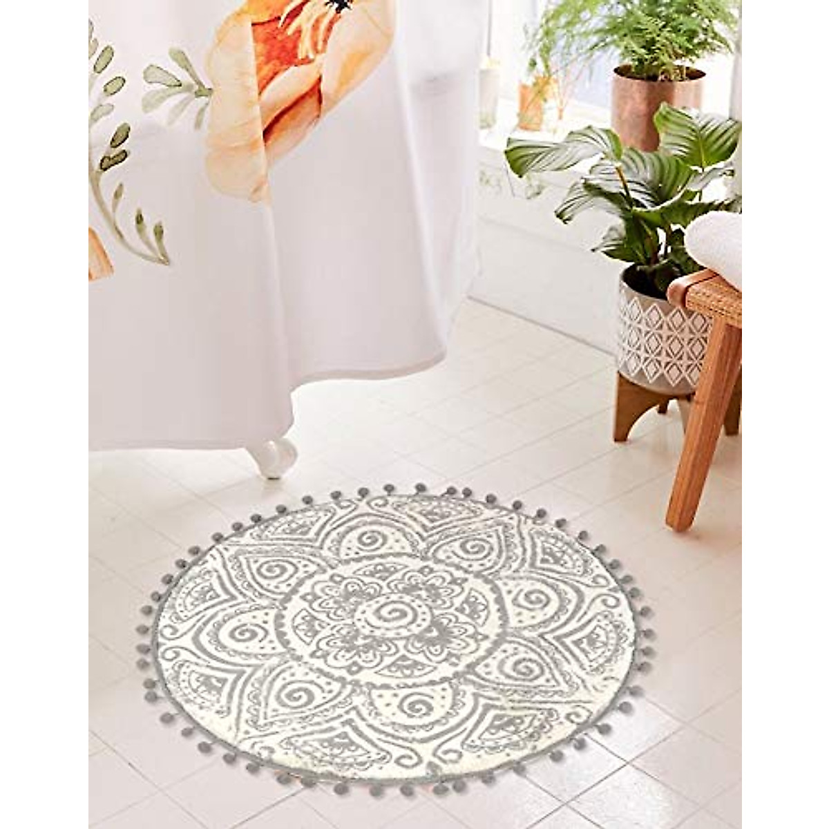 HAOCOO Bohemian Round Rug 2ft, Non-Slip Circle Rug with Pom Poms Fringe Gray Small Rug,Soft Velvet Washable Bathroom Rugs Mandala Floor Mat Carpet for Sink Bedroom Nursery Decor