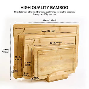 Bamboo Cutting Boards for Kitchen, Wood Cutting Board with Holder, Bamboo Cutting Board Set Reversible with Juice Grooves for Meat Cheese Fruit and Vegetables (Four Piece Set)