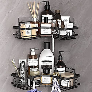 HuggieGems 2 Pack Corner Shower Caddy Organizer Shelf with Hooks, Black Bathroom Shelves Storage Organization